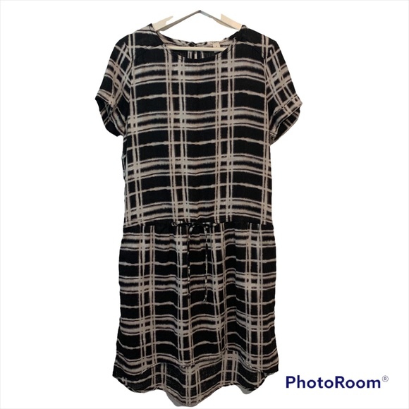 Caslon | Dresses | Caslon M Shirt Midi Dress Linen Window Pane Black White Drawstring Waist Tie ...